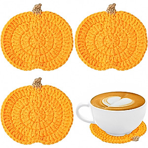 Crochet Pumpkins Coaster Handmade Knitted Drink Coaster Set Autumn Drink Cup Pad Mats Absorbent Bottle Mug Place Mats for Table Protection Fall Halloween Thanksgiving Themed Party Decoration (4 Pcs)