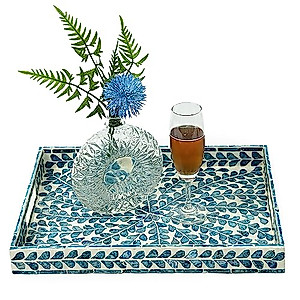 CLAYNIX Serving Tray 15.7" X11.8", Lacquer Mother of Pearl Inlay Mosaic Tray, Rectangle Wooden Marble Tray with Handles Trays for Tea, Breakfast in Bed, Table (Blue)