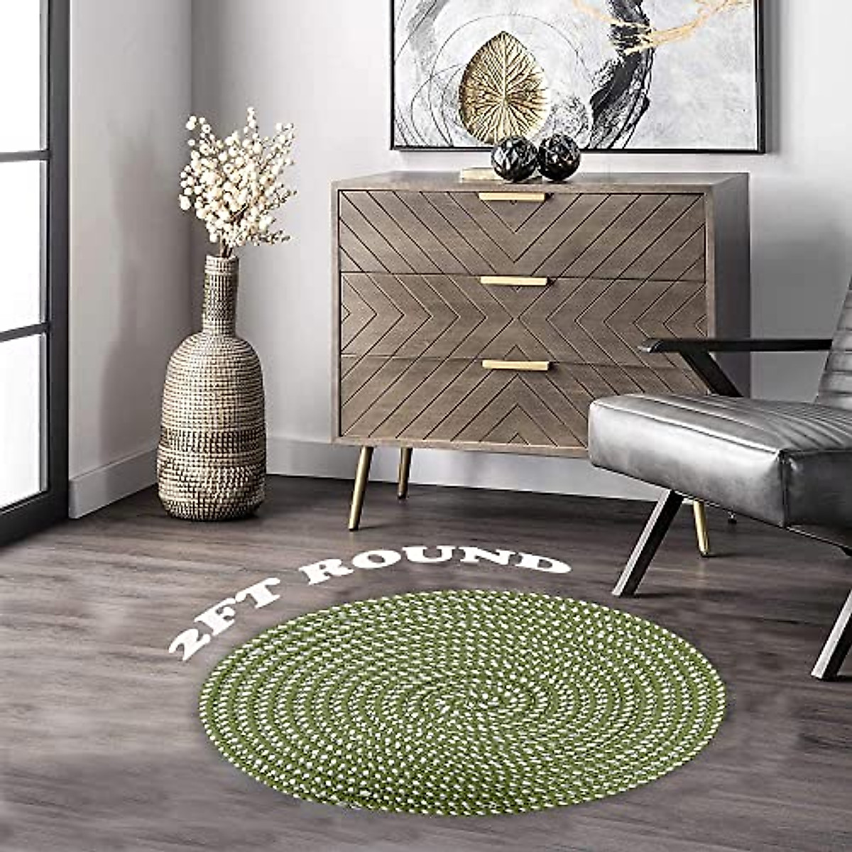 Hand Woven Round Area Rugs Living Room Bedroom Study Computer Chair Cushion Base Mat Round Carpet Lifts Basket Swivel Chair Pad Coffee Table Rug(2' Round, Green)