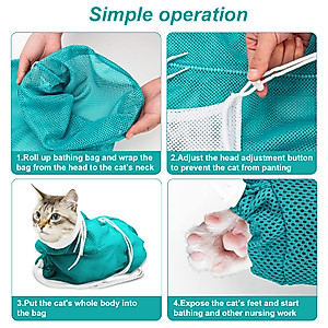 Catcan Cat Bathing Bag, Breathable Mesh Cat Shower Bag Anti Scratch Adjustable Cat Grooming Bag for Nail Trimming, Bathing Polyester Soft Cat Washing Bag (White-Green)