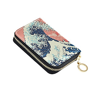 Japanese Great Waves Pink Background Credit Card Coin wallet, RFID Blocking Compact Women Leather Card Holder, Key Change Organizer, Zipper Purse Clutch Pouch Pocket