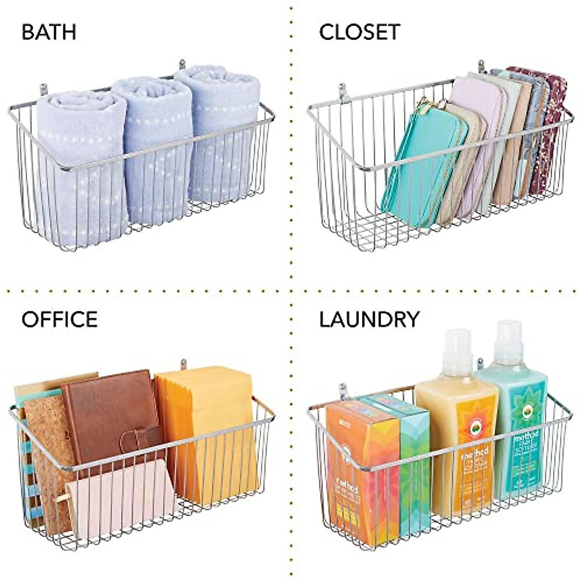 mDesign Portable Metal Farmhouse Wall Decor Angled Storage Organizer Basket Bin for Hanging in Entryway, Mudroom, Bedroom, Bathroom, Laundry Room - Wall Mount Hooks Included, Large - Chrome