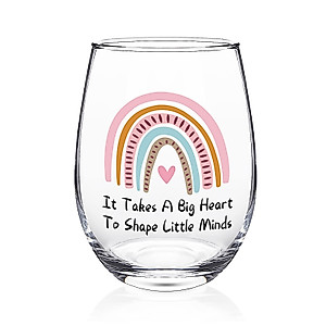 Futtumy Teacher Appreciation Gifts, Teacher Gift Thank You Gift for Teacher Women Her, It Takes a Big Heart to Shape Little Minds Stemless Wine Glass for Appreciation Week, 17Oz Rainbow Wine Glass