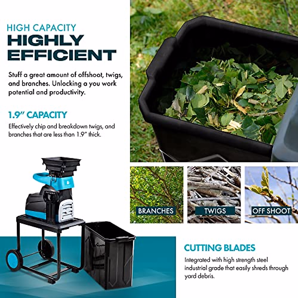 G Garden Wood Chipper Electric Quiet Silent 1.5-1.7 Inch Max Branch Capacity 14.5-Amp 1800Watt 120VAC 17:1 Reduction Ratio with 40L Collection Bin use for Fire Prevention Building and Firebreaks