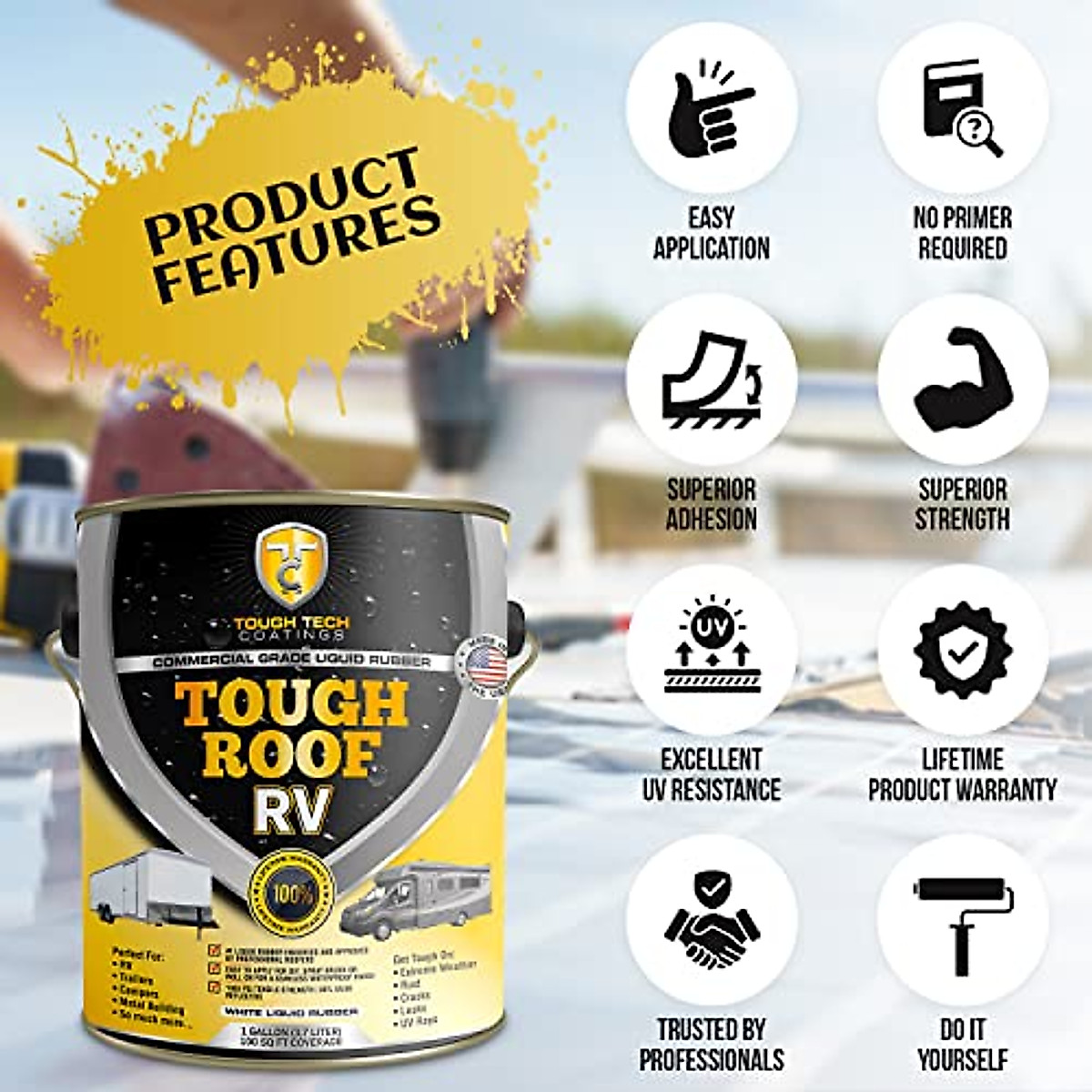 Tough Tech Coatings Roof RV Sealant Coating kit - Permanent RV Roof Waterproofing Kit - for All RVs, and Trailers Surfaces - 200 SQ FT Coverage - 87% Solar Reflective - 4 Gal Kit White