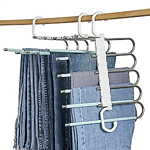 Pants Hangers 2Pack, 5 Layers Hangers Space Saving- 2 Uses Multifuctional Pants Rack Hanger Anti-Slip Clothes Hanger for Pants Jeans Trousers Skirts Scarf - Closet Storage Organizer