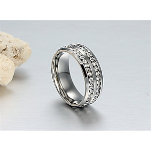 OAKKY Stainless Steel Double Rows Cubic Zirconia Wedding Ring for Men Women, Silver, Size 8