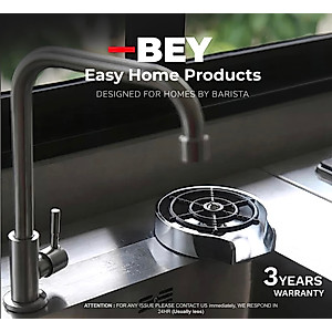 BEY Automatic Glass Rinser - Powerful Cup Washer for Kitchen Sink, Stainless Steel Baby Bottle Cleaner Sinks Attachment, Bar Accessories Spray Metal (Silver Stainless Steel)