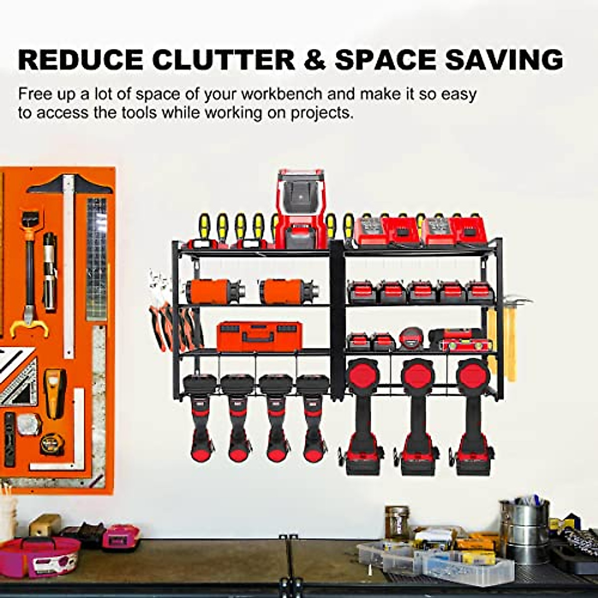 TAKEKIT Power Tool Organizer Wall Mount, 4 Tiers Large Capacity Cordless Tool Organizer, Drill Holder Wall Mount with 7 Slots, Heavy Duty Power Tool Storage Rack