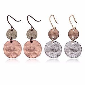 2 pairs Boho Drop Coin Earring Round Dangle Hoops Handmade Retro Geometry Earring Copper Wire Women Jewelry (Round Gold+Round Silver)