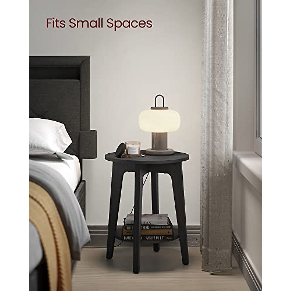VASAGLE Round End Table with Lower Shelf, Nightstand for Small Spaces, 15.8 x15.8 x 19.7 Inches, Black
