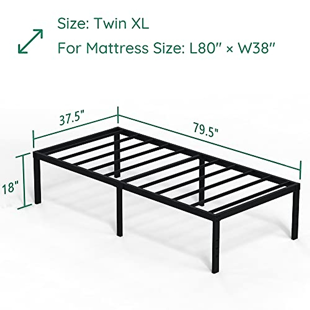 DiaOutro 18 Inch Twin XL Bed Frame Heavy Duty No Box Spring Needed Metal Platform with Maximum Storage, Easy to Assembly, Noise Free, Black