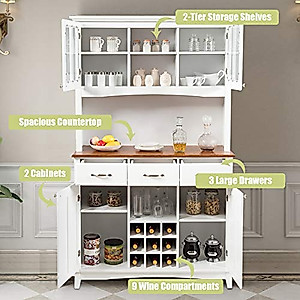 Giantex Buffet Hutch Cabinet, Kitchen Hutch Sideboard, Buffet Cabinet on Storage Island, Wood Kitchenware Server with 3 Large Drawers and 9 Wine Bottle Modulars (White)