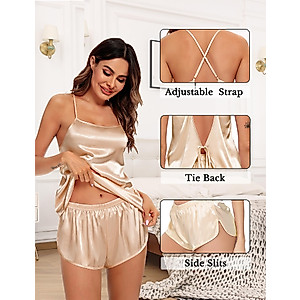 SWOMOG Womens 4pcs Pajamas Sets Silk Satin Pjs Silky Sexy Cami Shorts Set Button Down Short Sleeve Sleepwear Loungewear, Champagne Medium