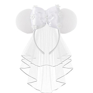 JIAHANG Bridal Veil Mouse Ear Bow Headband with Flowers, White Honeymoon Wedding Headpiece, Bachelorette Party Costume Headwear for Women Girls