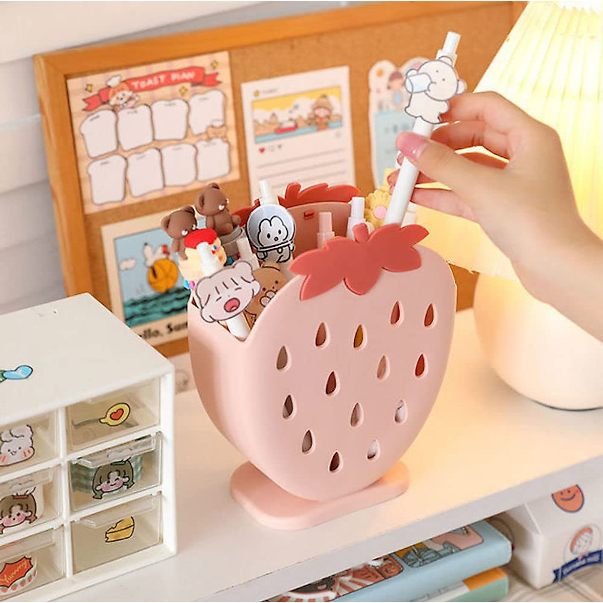 Strawberry Desk Organizer with 2 Compartments Cute Kawaii Pencil Holder Make Up Brush Holders Pen Holder for School Girls Teens Room Decor Storage and Organization (Light Pink)