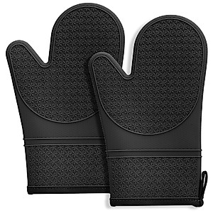 Hovico Silicone Oven Mitts, Oven Gloves with Non-Slip Waterproof - 2PCS Black Oven Mittens Heat Resistant 600 Degree, Soft Lining Silicone Oven Mits for Cooking Baking Kitchen Mitten