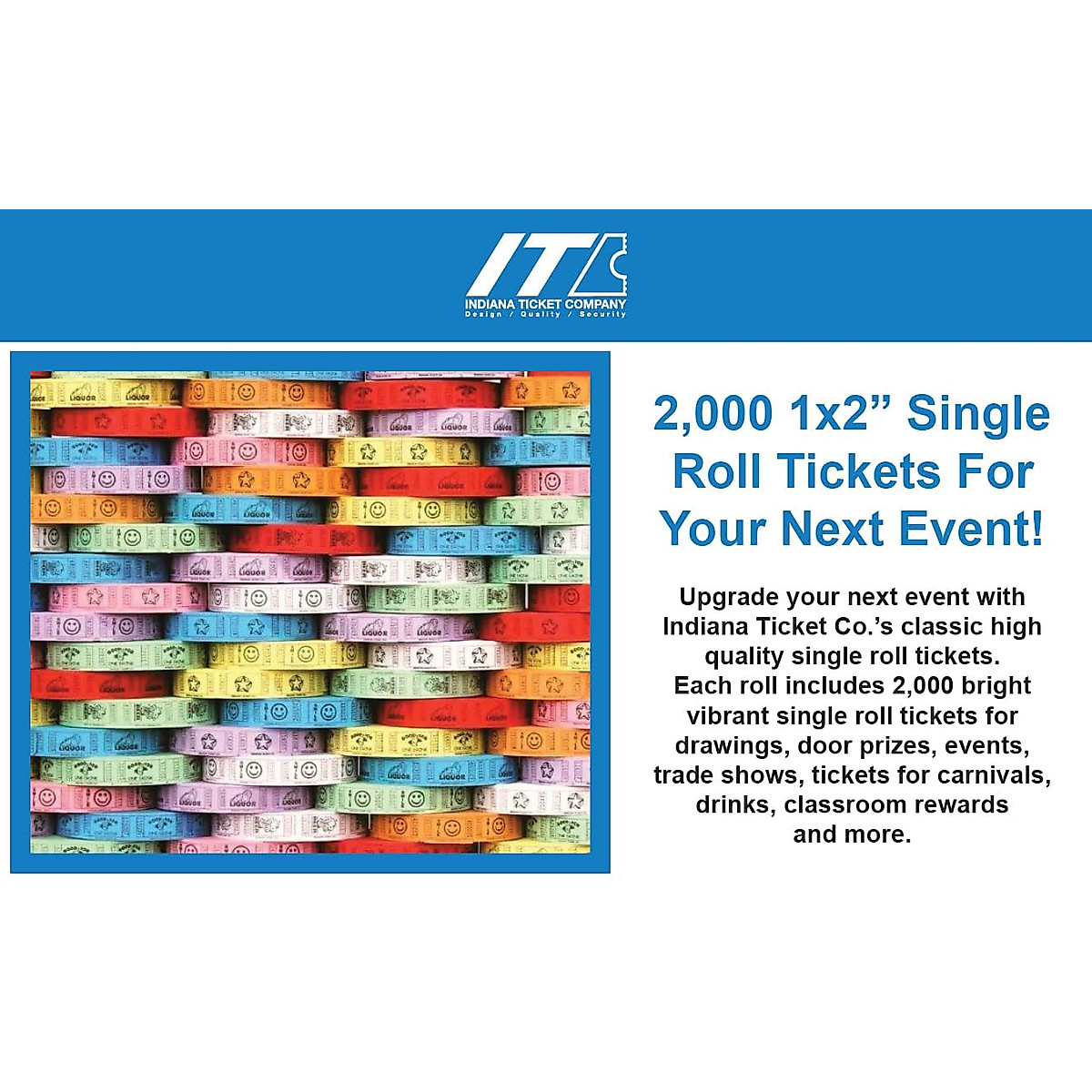 INDIANA TICKET CO. 2,000 White Smile Tickets, Single Roll – 8 Color Selection – Classroom Rewards, Events, Fundraisers, Door Entry, Raffles, Prizes, Drink/Food Tickets, Party Supplies & More.