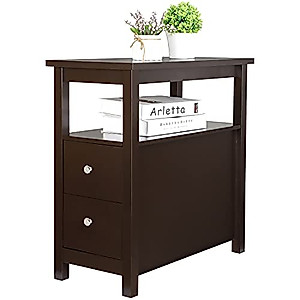 SUPER DEAL 2 Drawer End Table with Storage Shelf, Narrow 3 Tier Sofa Side Table for Living Room Bedroom Office Small Spaces, 23.6 x 24 inch Espresso