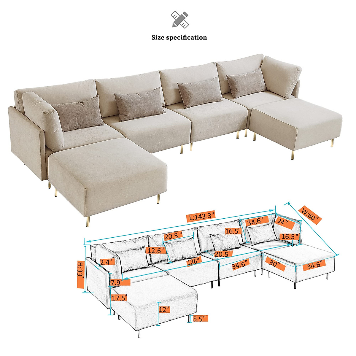 143'' U-Shaped Fabric Modular Sectional Sofa with 2 Removable Ottoman and 4 Pillows