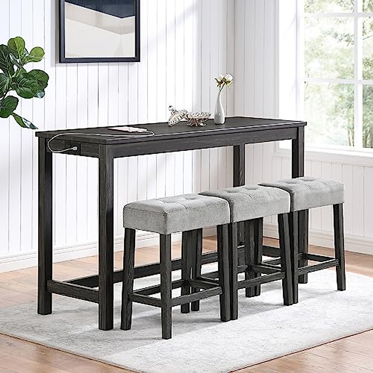 Merax 4 Piece Bar Table Set with Power Outlet,Dining Bar Table and Chairs Set,Industrial Breakfast Table with 3 Padded Stools,for Living Room, Dining Room, Game Room(Black+ Gray)