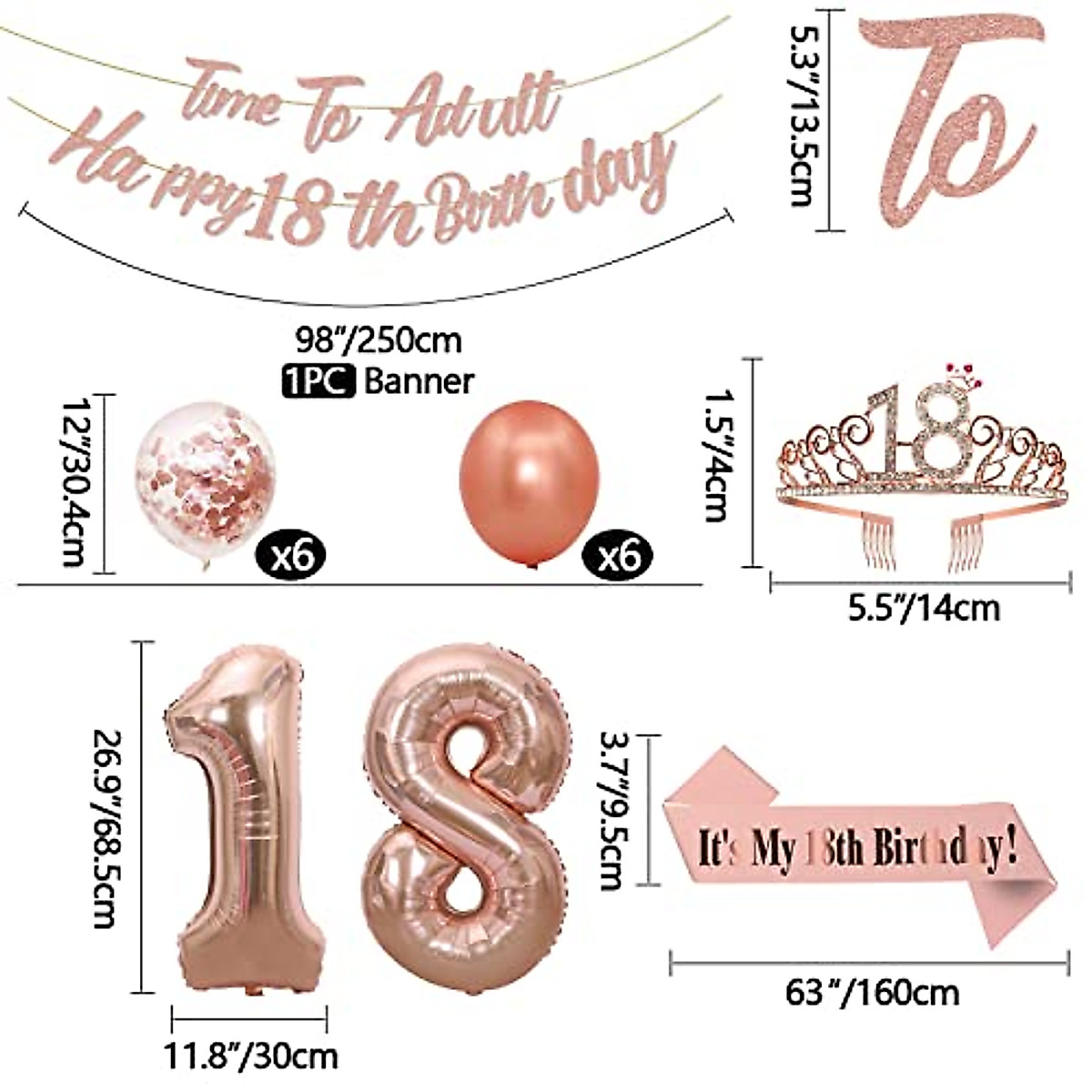 Rose Gold 18th Birthday Decorations for Girls Rose Gold 18th Birthday Banner 18th Birthday Sash 18th Tiara 40 Inch NO. 18 Rose Gold Foil Balloons Rose Gold Confetti Balloons 18th Rose Gold Party Set
