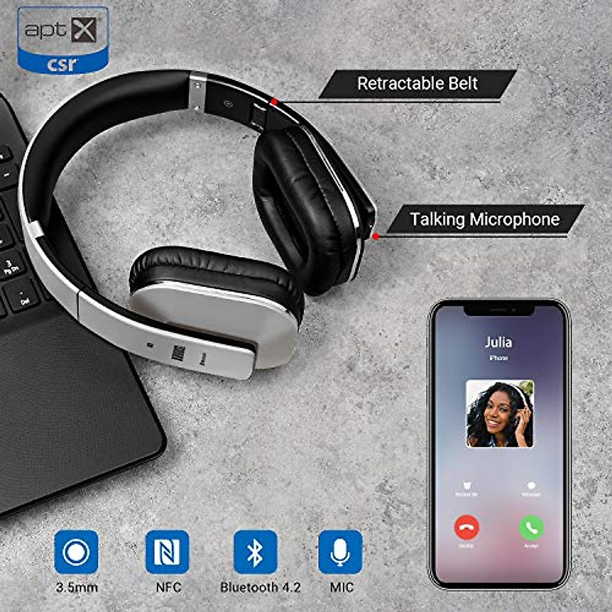 August EP650 Bluetooth Wireless Over Ear Headphones with aptX LL Low Latency/Multipoint/NFC / 3.5mm Audio in/Headset Microphone - Silver