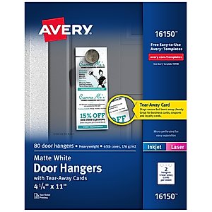 Avery Printable Door Hangers with Tear-Away Cards, 4.25" x 11", Matte White, 80 Blank Door Hangers for Laser and Inkjet Printers (16150)