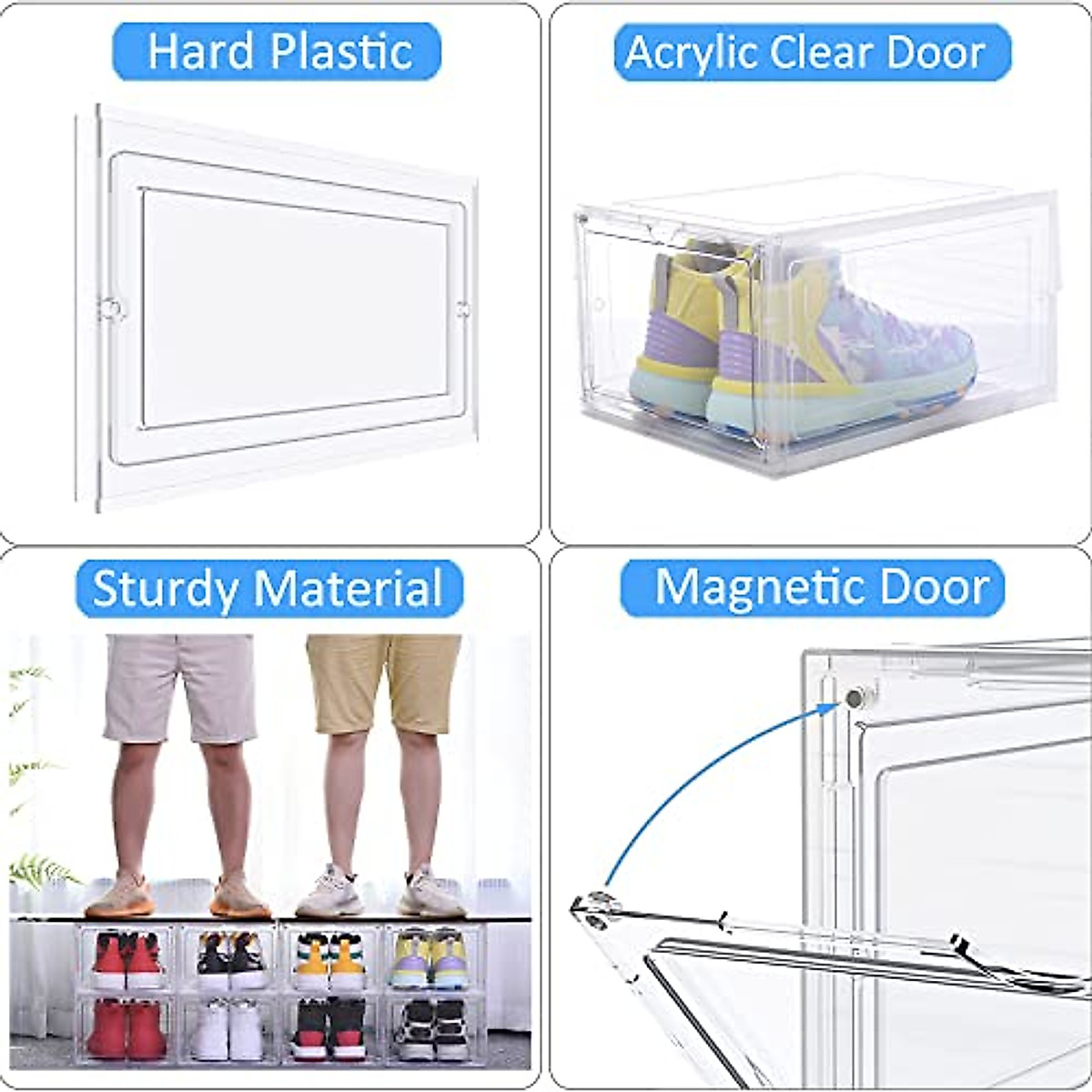 Yukui LLc Large Clear Shoe Boxes Stackable,6 Pack Hard Plastic Shoe Storage Boxes with Magnetic Door,Drop Front Shoe Organizer Containers,Shoe Case Sneakers Storage Fit US Size 12 Clear