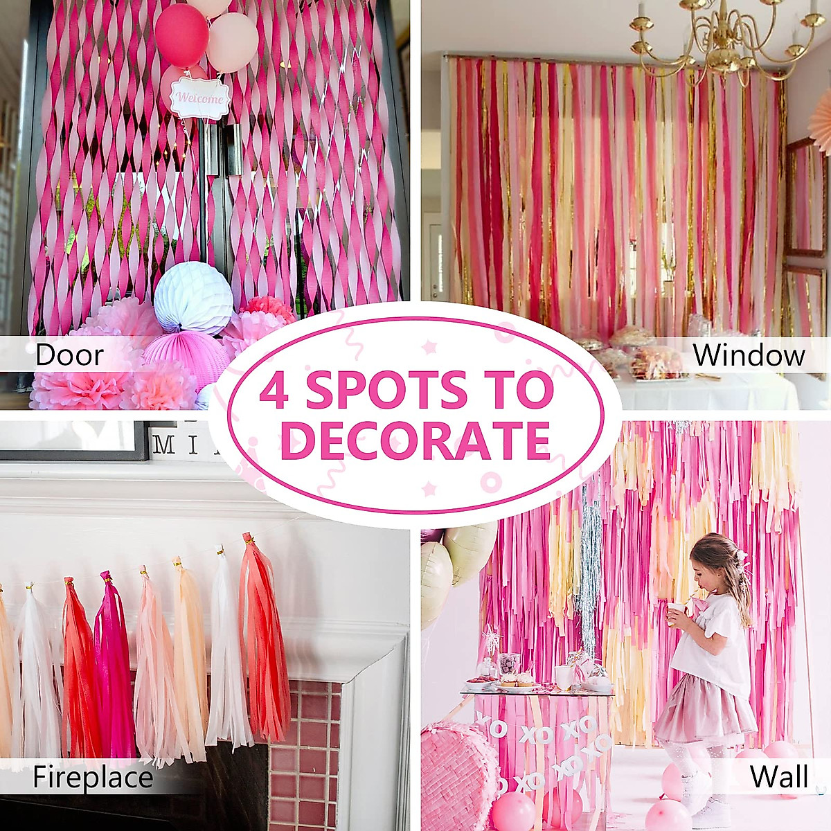 PartyWoo Crepe Paper Streamers 4 Rolls 328ft, Pack of Hot Pink and Pink Crepe Paper for Party Decorations, Wedding Decorations, Birthday Decorations, Baby Shower Decorations (1.8 Inch x 82 Ft/Roll)