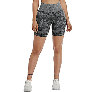 YEOREO Women Seamless Camo Shorts High Waisted Gym Yoga Workout Black L