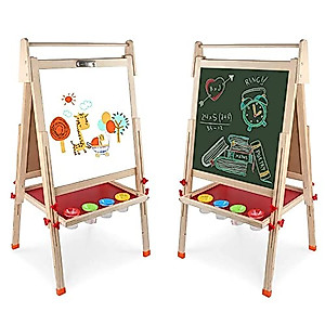 Kids Wooden Art Easel Double-Sided Whiteboard and Chalkboard Adjustable Standing Easel with Paper Roll Holder,Letters and Numbers Magnets and Other Accessories Gift for Kids Toddlers Boys and Girls