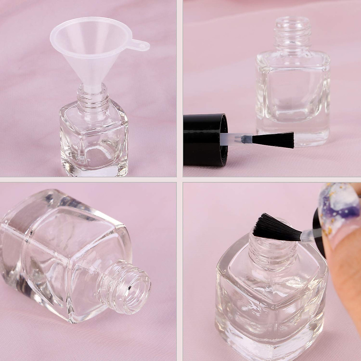 Yebeauty 20 PCS Empty Nail Polish Bottle, 5ml/0.17oz Refillable Clear Glass Bottles Vials Container with Soft Brush Cap Funnels Set for Nail Art Sample, Black
