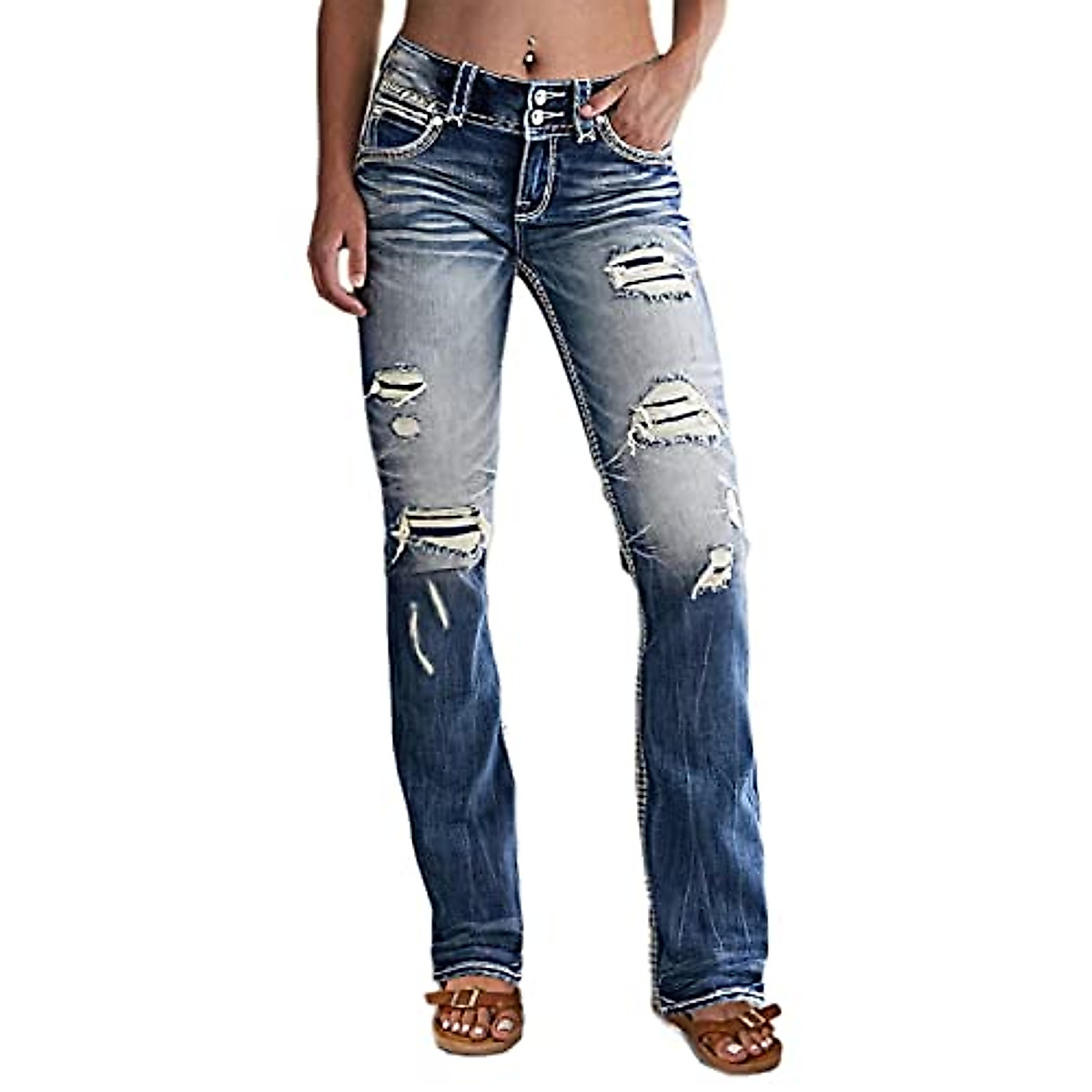 Flamingals Distressed Jeans for Women Mid Waist Ripped Flare Jeans Denim Pants 2023 Trendy Mid Blue L