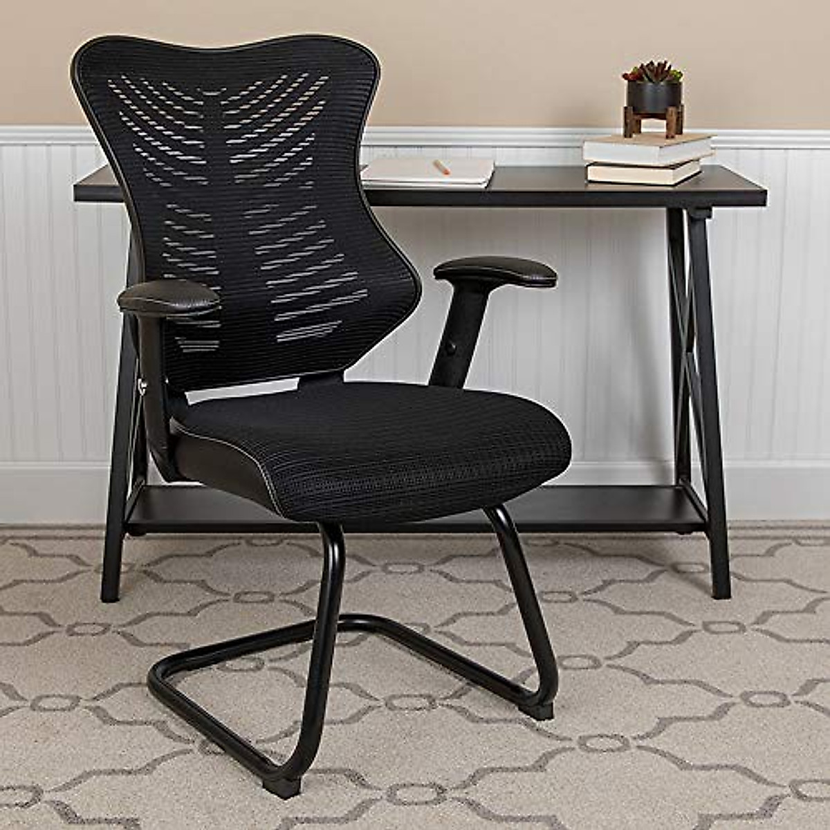 Flash Furniture Kale Designer Black Mesh Sled Base Side Reception Chair with Adjustable Arms