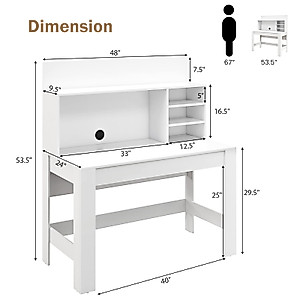 Tangkula White Desk with Hutch, Home Office Desk with Bookshelf, Writing Study Desk with Anti-Toppling Device & Cable Hole, Modern Computer Workstation PC Laptop Desk for Small Space, Bedroom