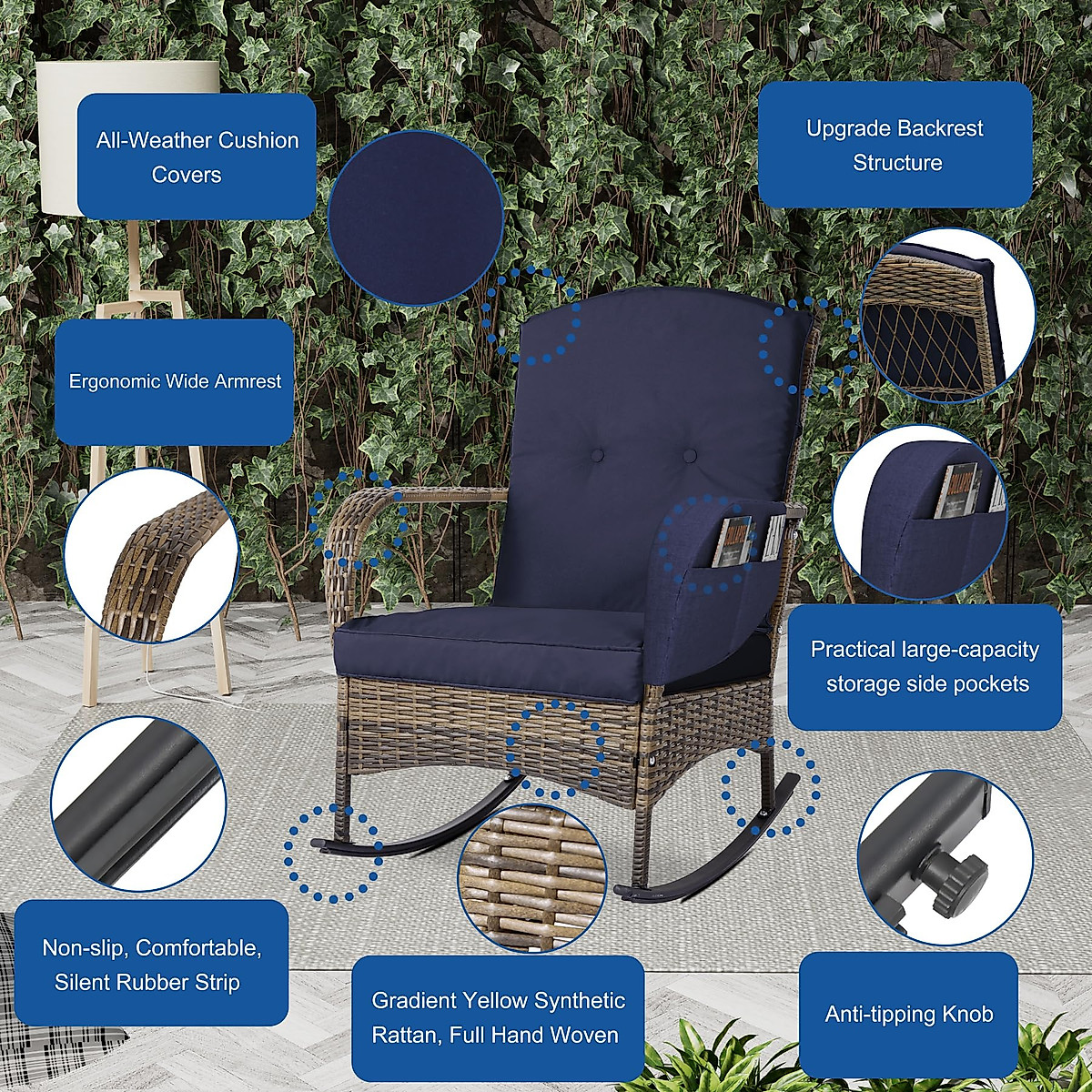 CIRMUBUY 3-Piece Outdoor Furniture Set, Patio Conversation Chair, Wicker Cushioned Patio Rocker with Side Table for Porch, Garden, Poolside & Deck, Blue