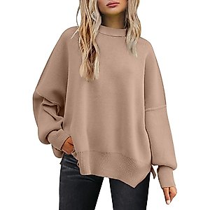 LILLUSORY Women's Oversized Batwing Sweaters 2024 Fall Outfits Crewneck Ribbed Knit Side Slit Trendy Pullover Tops DarkApricot M