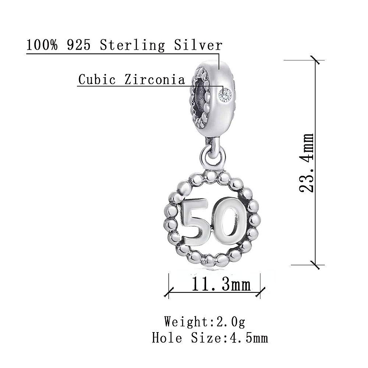 50 Anniversary Birthday Number Charms for Pandora Charm Bracelet, 925 Sterling Silver 50th Milestone Beads Inlay CZ Birthstone Dangle Pendant, Gifts for Mother/Wife/Family
