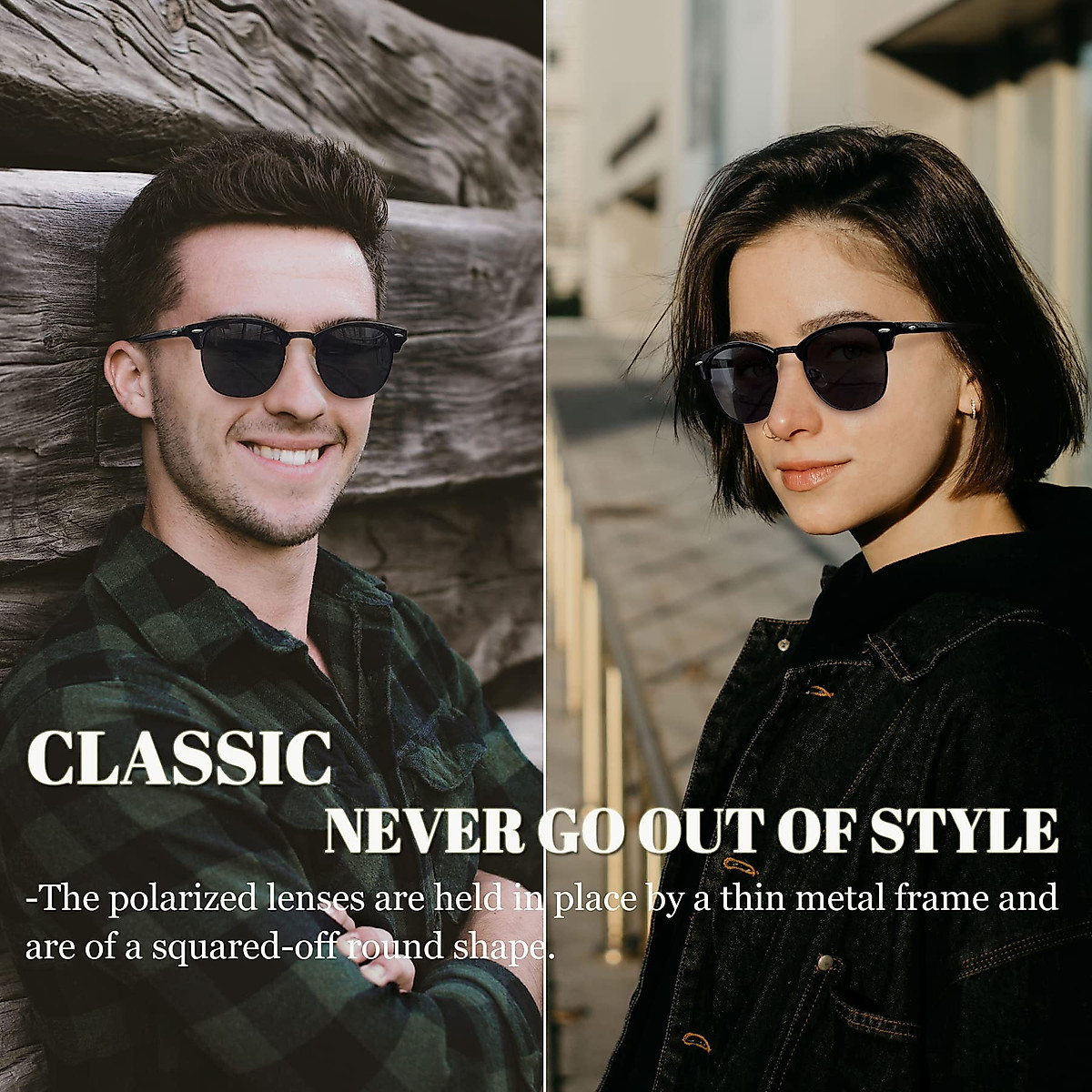 Joopin Semi Rimless All Black Sunglasses Trendy Vintage Half Frame Sun Glasses Polarized UV400 Browline Shades for Women Men (Simple Packaging)