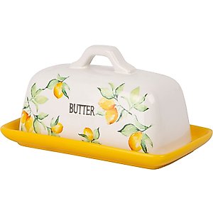 MosJos Butter Dish with Lid for Countertop - Yellow Stoneware Butter Holder for Fridge, Kitchen & Garden - East West Coast Butter Dish with Handle for Farmhouse & Vintage Style Homes (92771)