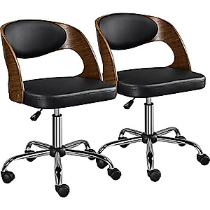 Yaheetech Home Office Desk Chair Modern Mid-Century Walnut Wood Chrome Finish Computer Chair Faux Leather Seat Height Adjustable Stool with 360° Swivel Wheels, Black