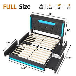 busyaeh King Bed Frame and Headboard with Storage, King Size Bed Frame with LED Lights & Charging Station, Upholstered King Bed Frame, No Noise, No Box Spring Needed, Easy Assembly