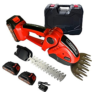 Cordless Hedge Trimmer-24V Electric Shrub Trimmer Grass Shears Handheld Grass Cutter, Hedge Shear with 2 PCS Rechargeable Battery, Charger and Toolbox to for Garden, Lawn, Red