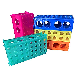 4-Way Plastic Test Tube Rack,Test Tube Holder with 5 Different Colors（Blue,Yellow,Orange,Pink,Green),Pack of 5