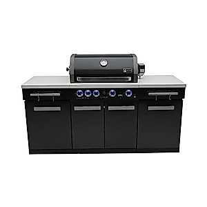 Mont Alpi MA-957 5-Burner 63000 BTU Black Stainless Steel Outdoor Kitchen Bar Gas Island Grill w/ Infrared Rear Burner + Rotisserie Kit + Granite Countertop + Storage Cabinets & Full Weather Cover
