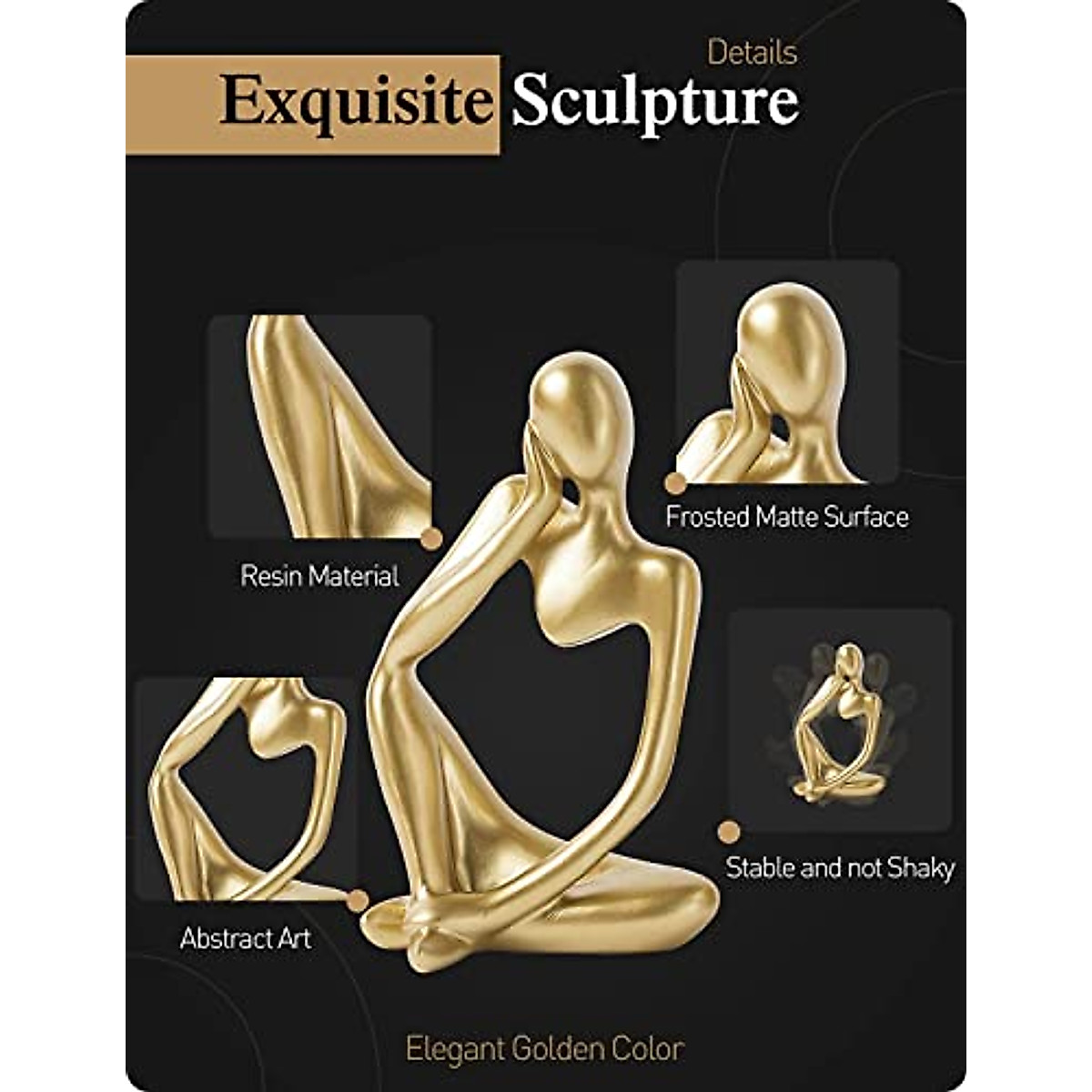 Bwytbwy Thinker Statue Gold Decor 3 Pcs, Bookshelf Decor, Gold Resin Sculpture for Book Shelf, Office, Living Room,Shelf Decoration