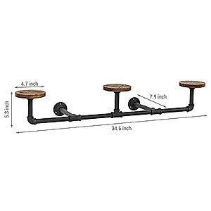 MyGift Wall Mounted Black Metal Industrial Pipe Clothing Rod Hat Rack and Wig Holder with Solid Burnt Wood Round Hat Forms, Heavy Duty Hanging Bar Entryway Organizer Coat Rack