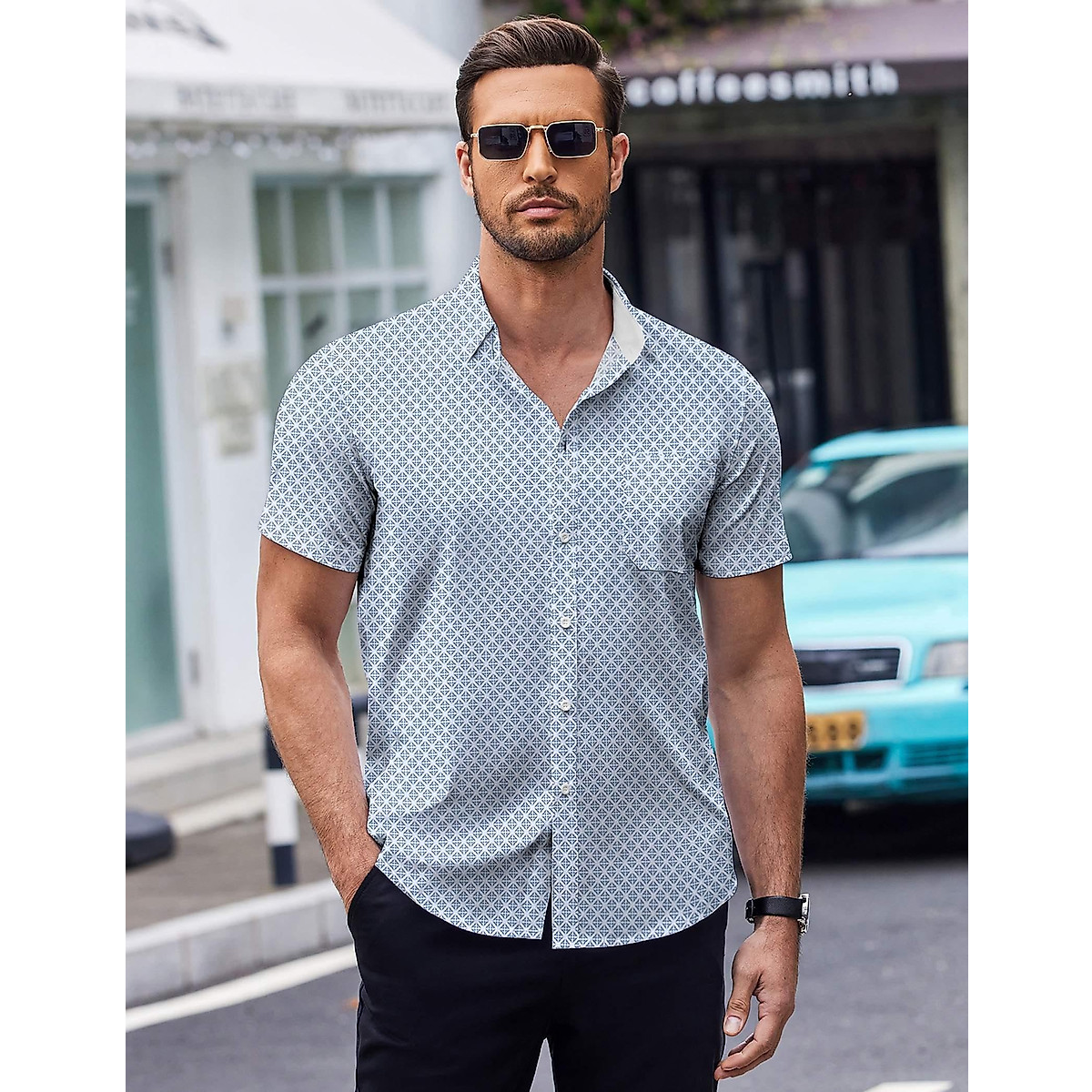 COOFANDY Men's Short Sleeve Dress Shirts Wrinkle Free Polka Dot Print Shirt Casual Button Down Shirts with Pocket