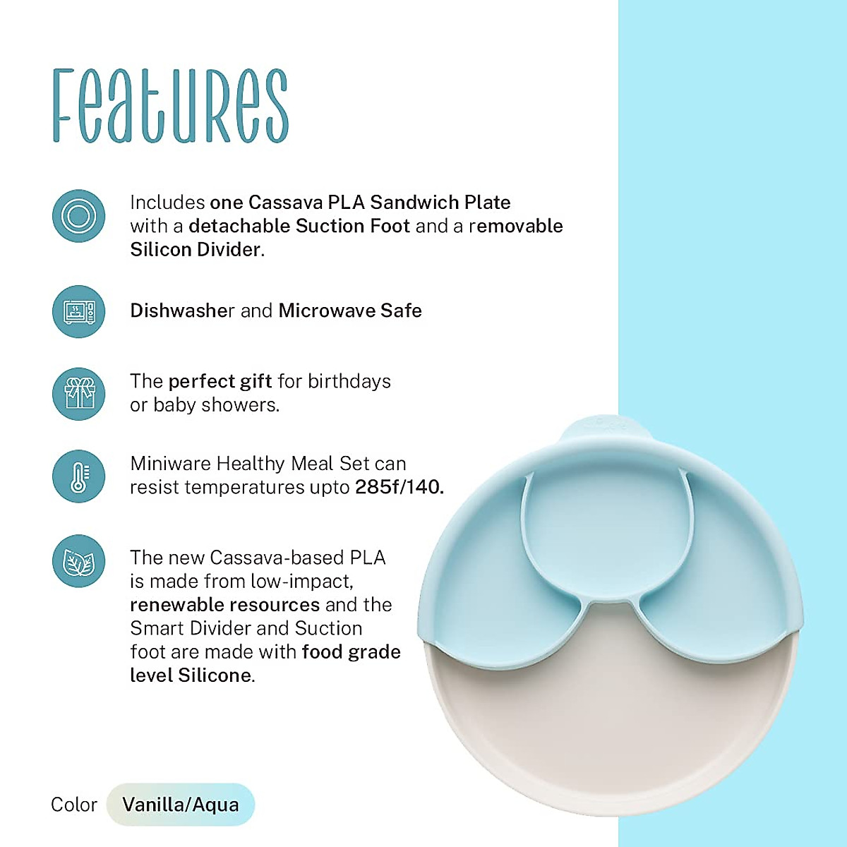 Miniware Healthy Meal Set with Sandwich Plate, Divider, and Detachable Suction Foot for Baby Toddler Kids - Promotes Self Feeding | Eco-Friendly and BPA Free | Dishwasher Safe (Vanilla, Aqua)…